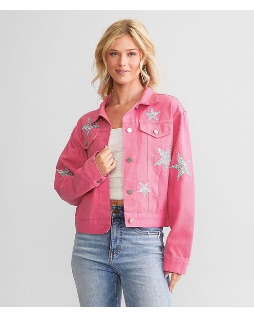 Blue B Rhinestone Star Studded Denim Jacket in Pink | Lyst