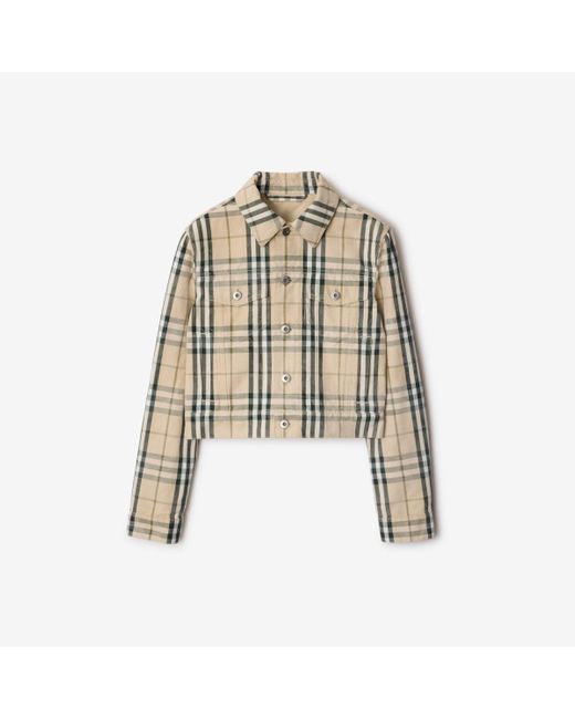 Burberry Cropped Check Denim Jacket in Natural | Lyst