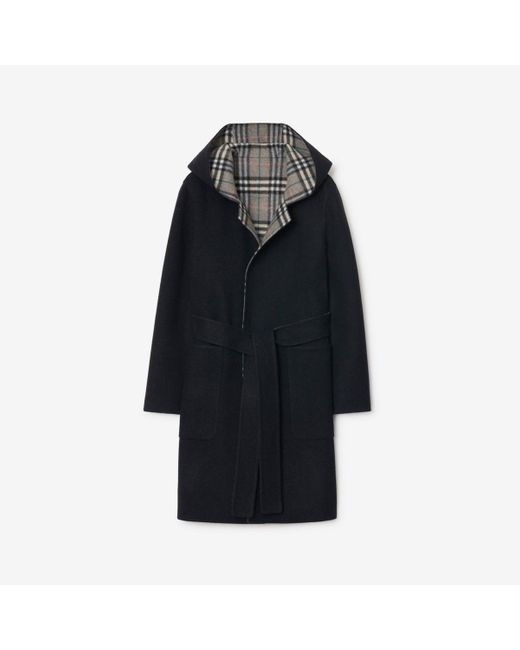 Burberry Reversible Wool Hooded Wrap Coat in Black | Lyst UK