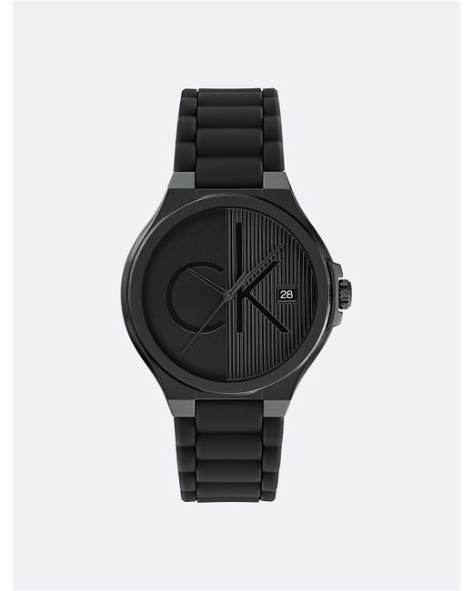 Calvin Klein Textured Monogram Logo Dial Silicone Strap Watch in Black ...