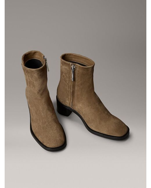 Calvin Klein Suede Square Toe Zip Ankle Boots in Brown | Lyst UK