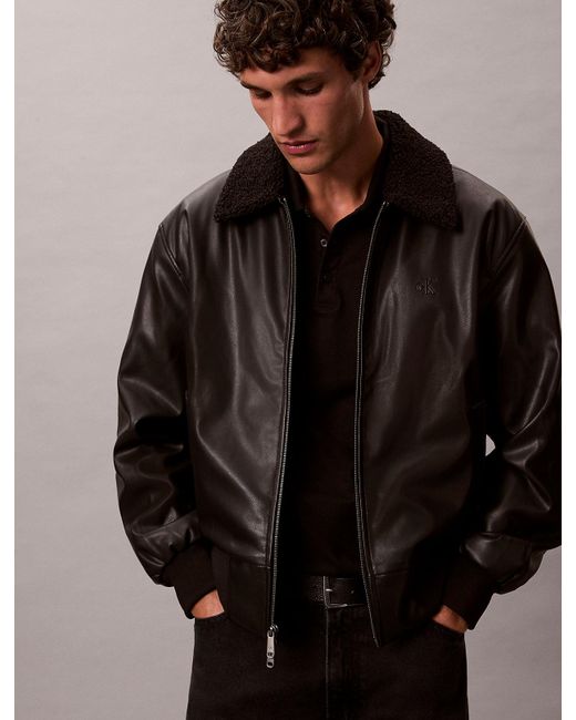 Calvin Klein Faux Leather Sherpa Collar Bomber Jacket in Black for Men ...