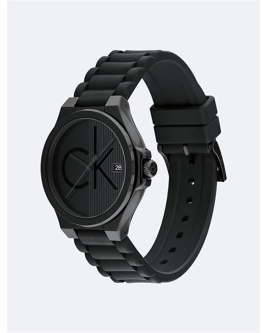 Calvin Klein Textured Monogram Logo Dial Silicone Strap Watch in Black ...