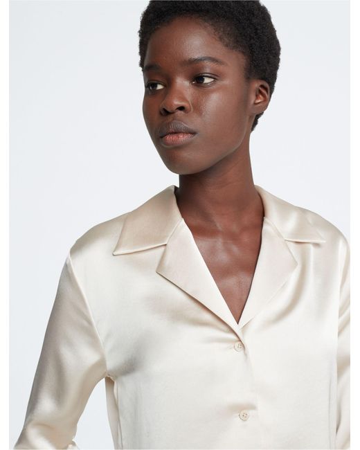 Calvin Klein Satin Notch Collar Classic Button-down Shirt in White | Lyst