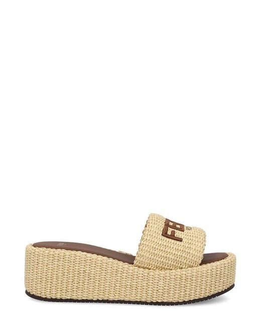 Fendi Signature Cotton Platform Slides in Natural | Lyst