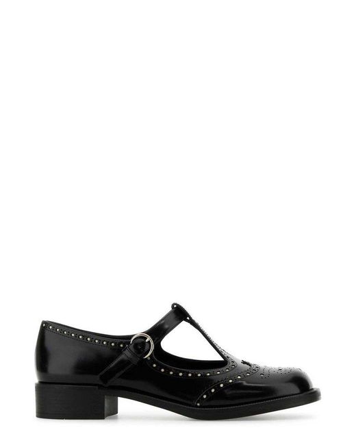 Miu Miu Round-Toe T-Strap Brogue Shoes in Black | Lyst