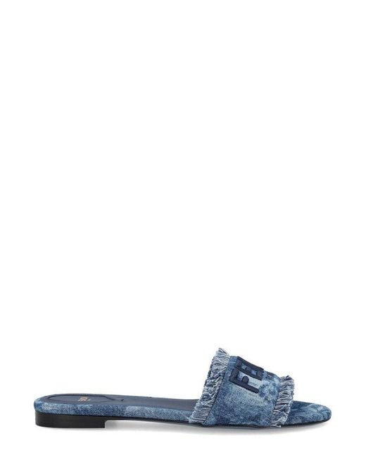 Fendi Sunshine Fringed Denim Slides in Blue | Lyst