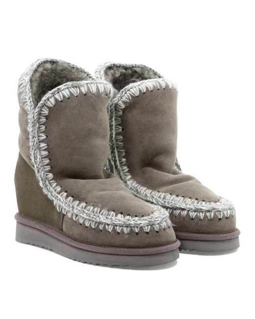 Mou Crochet Stitch-Trim Round-Toe Wedge Boots in Brown | Lyst