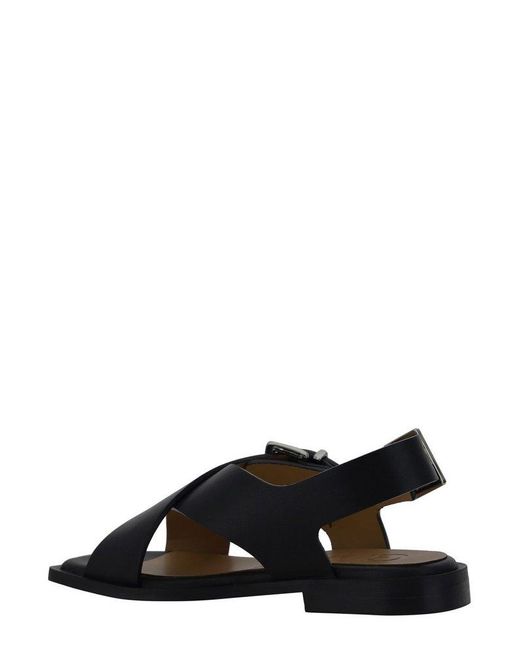 Ganni Square Toe Crossover-Strap Bucked Sandals in Black | Lyst
