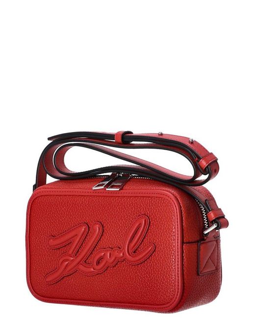 Karl Lagerfeld Logo Detailed Zip-Up Crossbody Bag in Red | Lyst