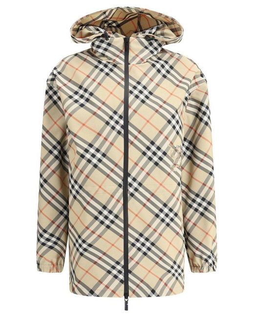 Burberry Check Printed Zipped Hooded Jacket in Natural | Lyst