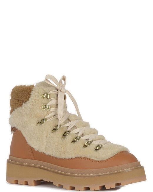 Moncler Fur Panelled Lace-Up Boots in Brown | Lyst