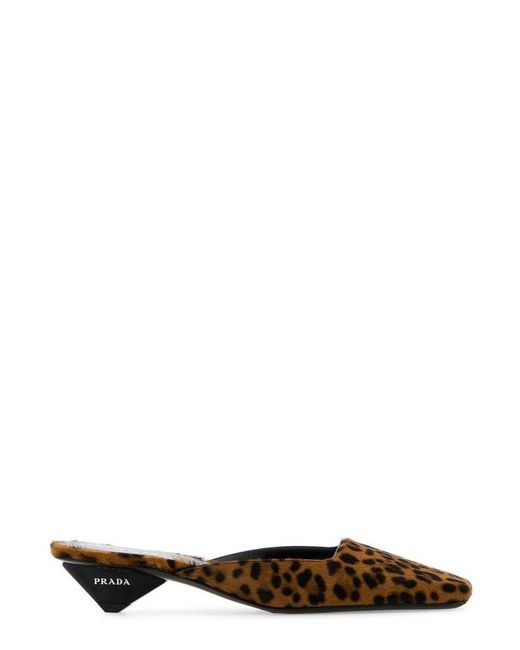 Prada Leopard-Printed Square-Toe Mules in White | Lyst