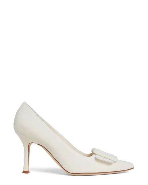 Manolo Blahnik Maysalepump Buckle Detailed Velvet Pumps in White | Lyst