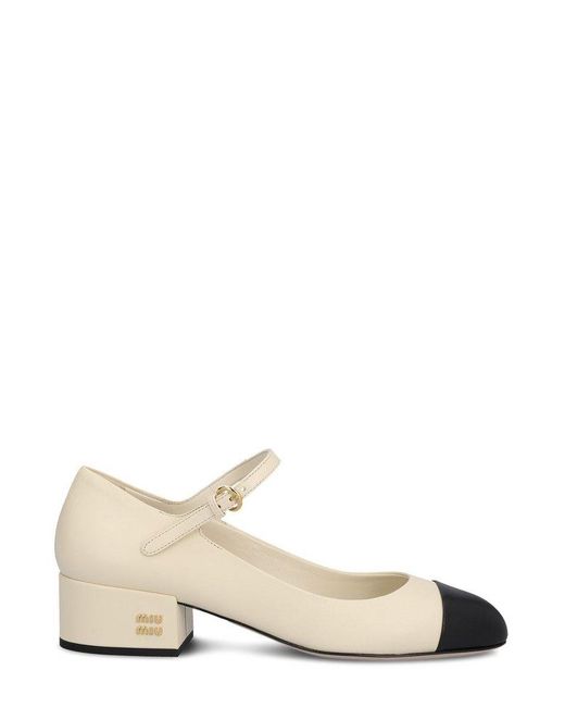Miu Miu Logo Leather Mary Jane Pumps in Natural | Lyst Australia