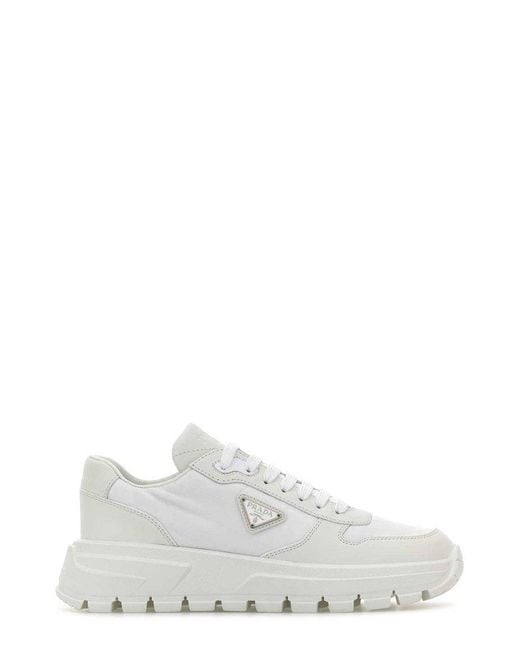 Prada Triangle-Logo Round-Toe Lace-Up Sneakers in White | Lyst