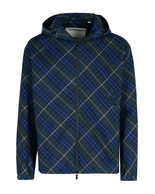 Burberry Checked Windbreaker Jacket in Blue for Men | Lyst