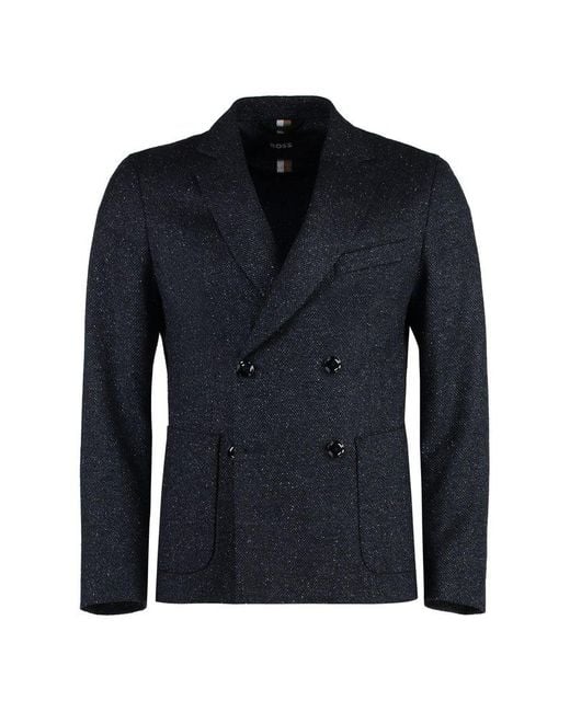 BOSS Double Breasted Herringbone Pattern Jacket in Blue for Men | Lyst