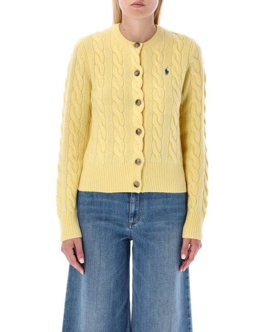 Polo Ralph Lauren Wool Classic Cable Knit Cardigan In Yellow Lyst Uk