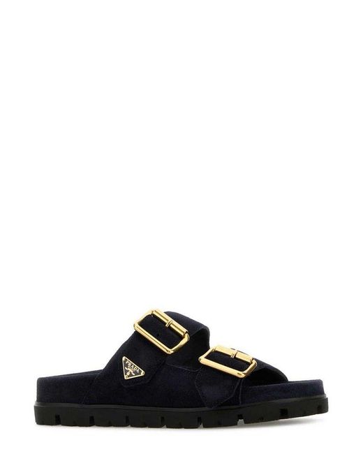 Prada Triangle-Logo Open-Toe Slides in Black | Lyst