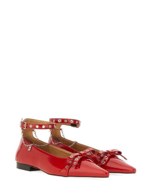 Ganni Bow-Detail Ankle Strapped Ballet Flats in Red | Lyst