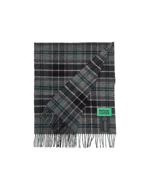 Barbour X Ganni Checkered Fringed Edge Scarf in Black | Lyst