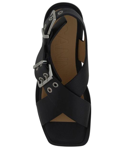 Ganni Square Toe Crossover-Strap Bucked Sandals in Black | Lyst