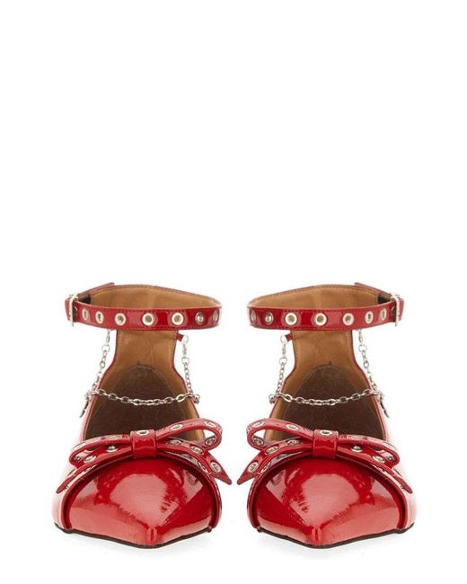 Ganni Bow-Detail Ankle Strapped Ballet Flats in Red | Lyst