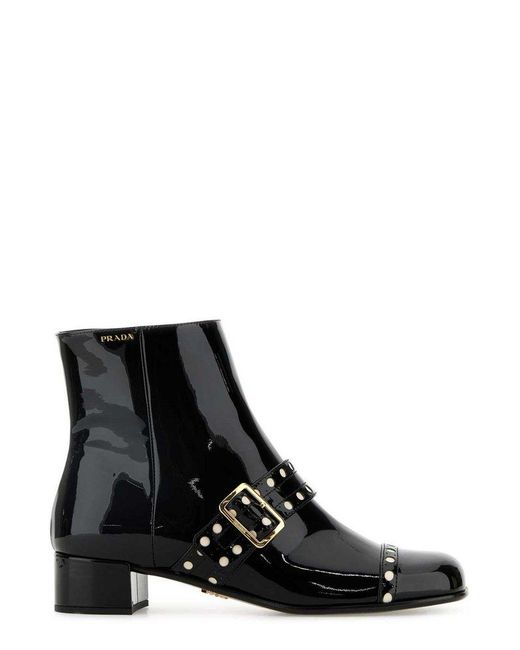 Prada Square-Toe Patent-Finish Boots in Black | Lyst