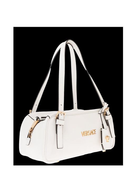 Versace Logo-Lettering Zipped Shoulder Bag in Natural | Lyst