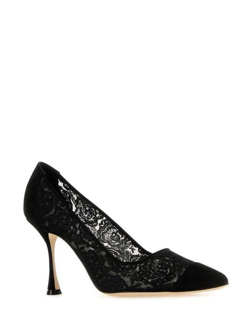 Manolo Blahnik Sololaria Laced Pointed Toe Pumps in Black | Lyst