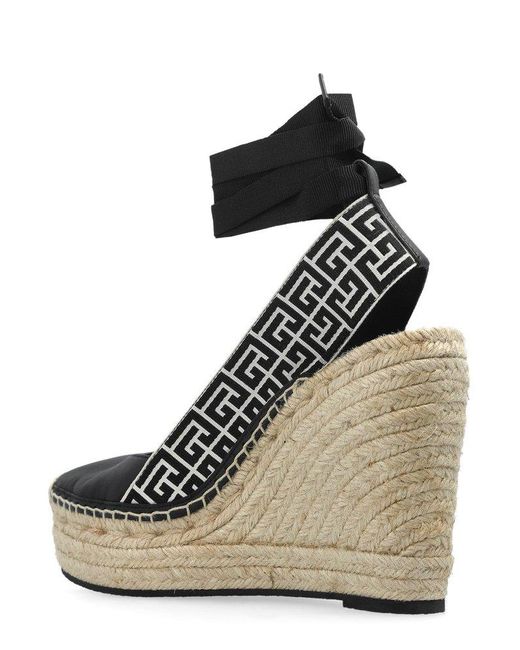 Balmain Alex Monogram Jacquard Wedged Sandals in Black | Lyst