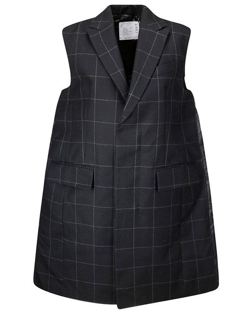 Sacai Wool Windowpane Quilted Vest in Black | Lyst