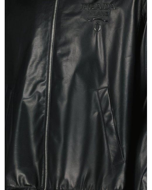 Prada Zip-Up Hooded Leather Jacket in Black | Lyst