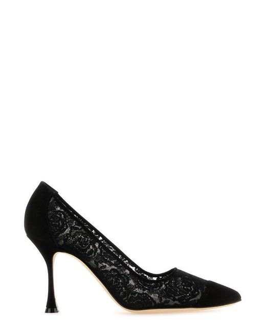 Manolo Blahnik Sololaria Laced Pointed Toe Pumps in Black | Lyst