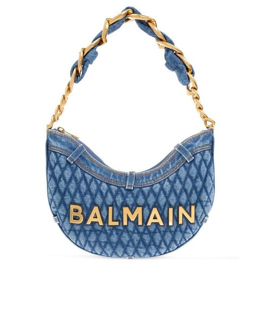 Balmain 1945 Soft Moon Logo Plaque Denim Shoulder Bag in Blue | Lyst