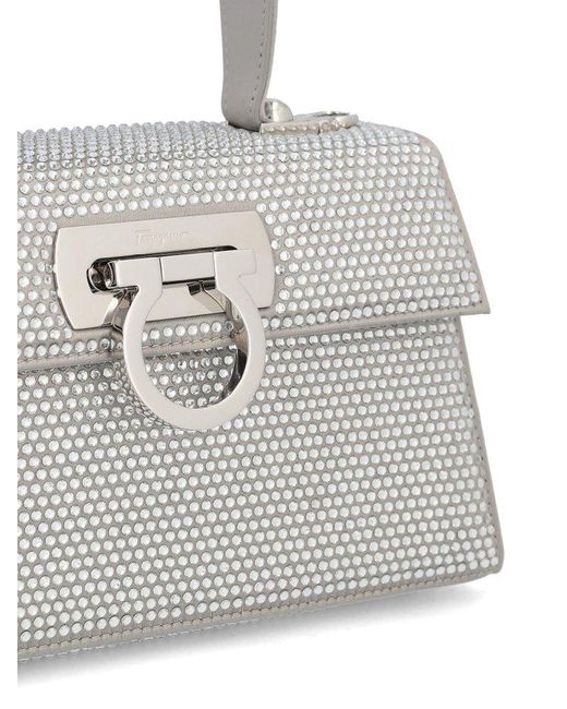 Ferragamo Iconic Embellished Gancini Buckle Tote Bag in White | Lyst