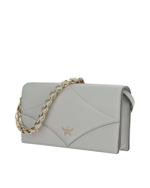 MCM Logo Detailed Foldover Top Crossbody Bag in Grey | Lyst UK