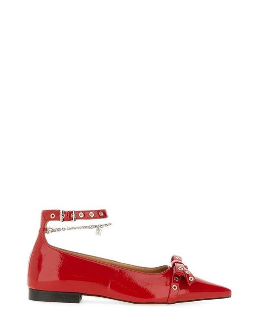 Ganni Bow-Detail Ankle Strapped Ballet Flats in Red | Lyst
