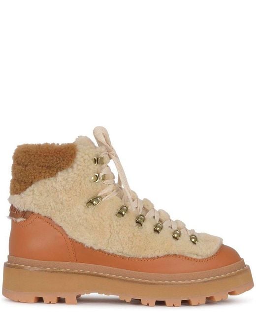 Moncler Fur Panelled Lace-Up Boots in Brown | Lyst