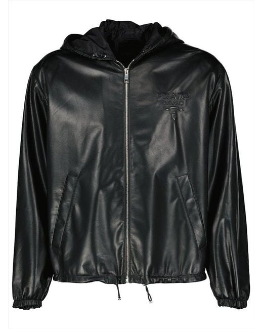 Prada Zip-Up Hooded Leather Jacket in Black | Lyst