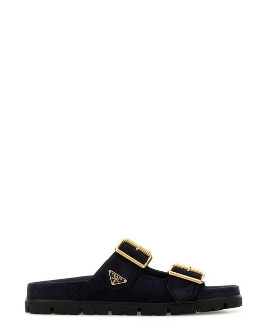 Prada Triangle-Logo Open-Toe Slides in Black | Lyst