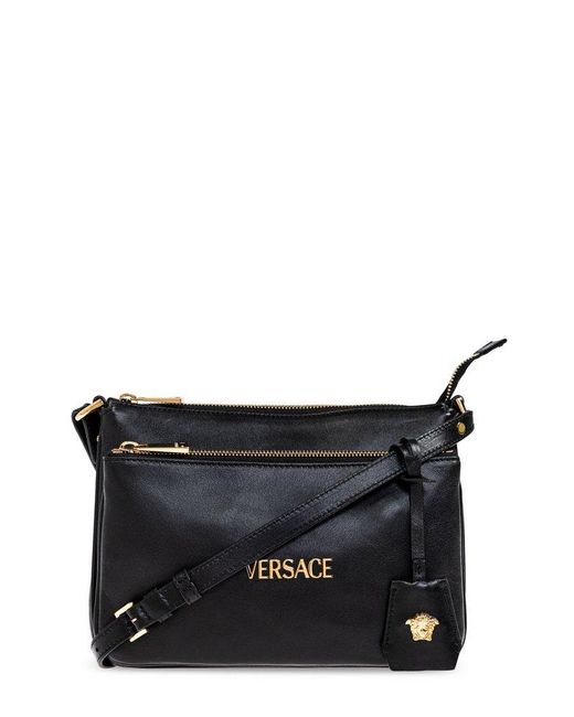 Versace Logo-Lettering Zipped Shoulder Bag in Black | Lyst
