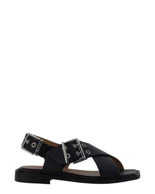 Ganni Square Toe Crossover-Strap Bucked Sandals in Black | Lyst