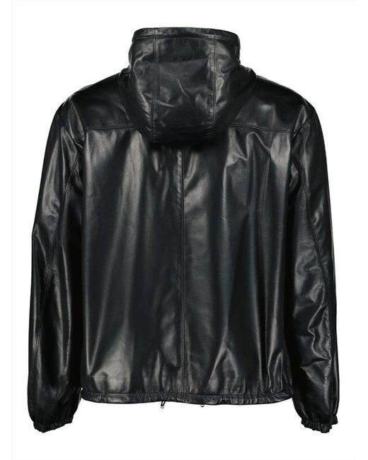 Prada Zip-Up Hooded Leather Jacket in Black | Lyst