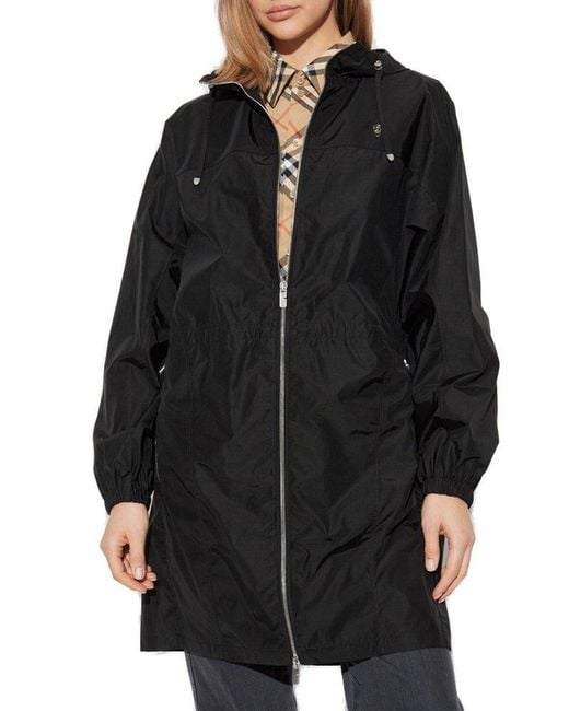 Burberry Logo Plaque Hooded Drawstring Trench Coat in Black | Lyst UK