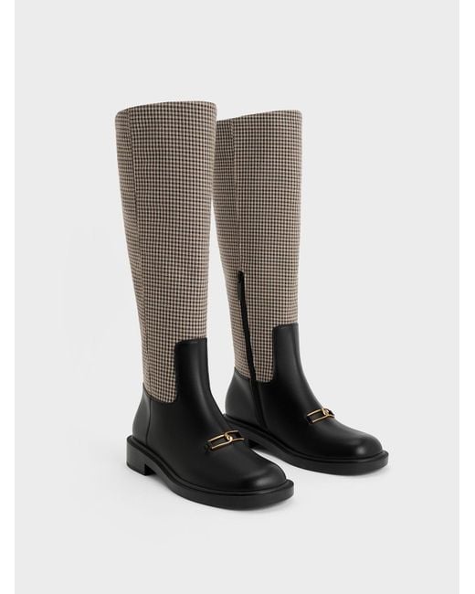 Charles & Keith Gabine Leather Checkered Knee-high Boots | Lyst