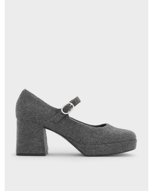 Charles & Keith Felt Platform Block-Heel Mary Jane Pumps in Gray | Lyst