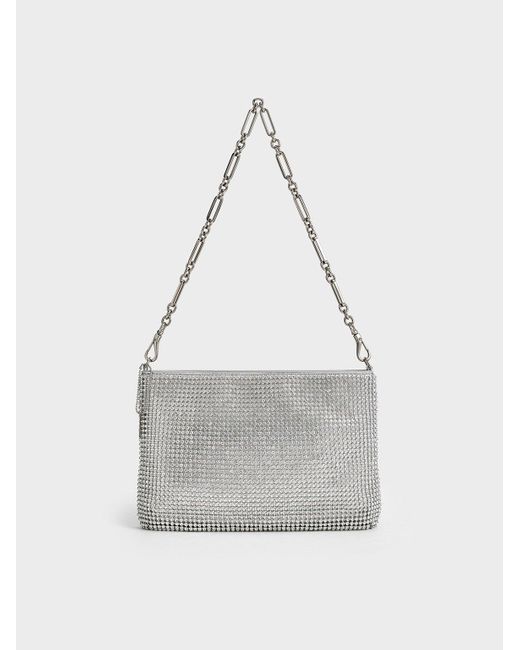 Charles & Keith Crystal-Embellished Chain-Handle Shoulder Bag in White ...