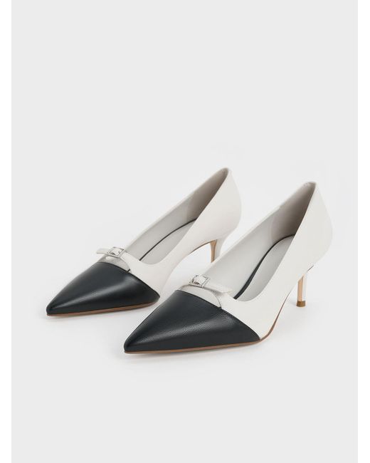 Charles & Keith Two-tone Buckle-strap Pointed-toe Pumps in Natural | Lyst
